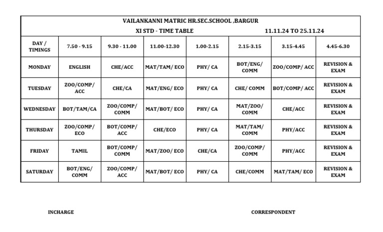 XI-Std Time Table (11-11-24 To 25-11-24) | PDF