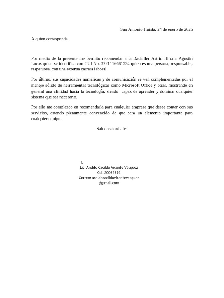 Carta de Recomendación Astrid | PDF