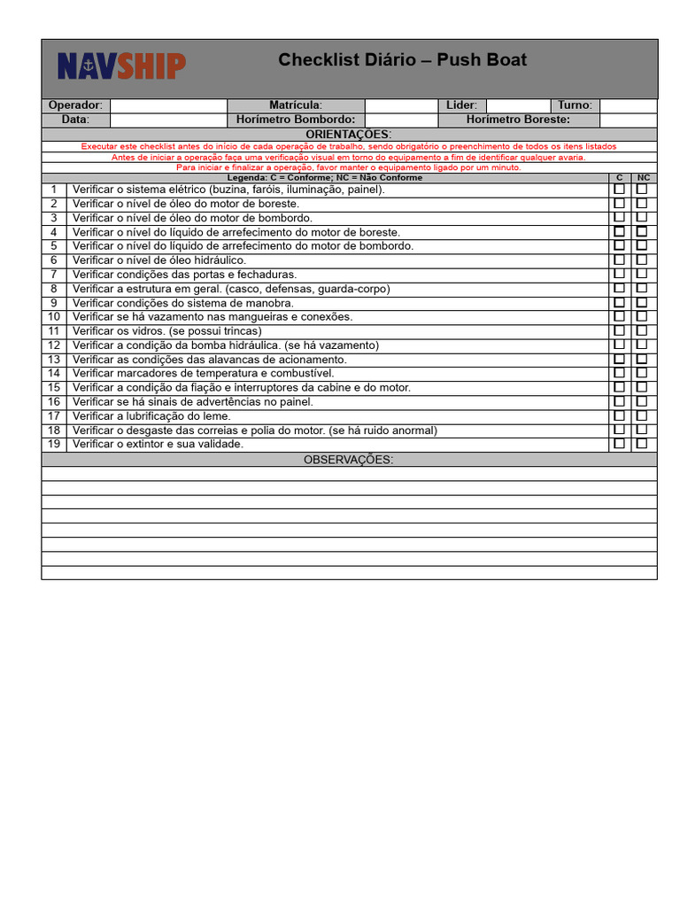 Checklist Diário para Push Boat | PDF
