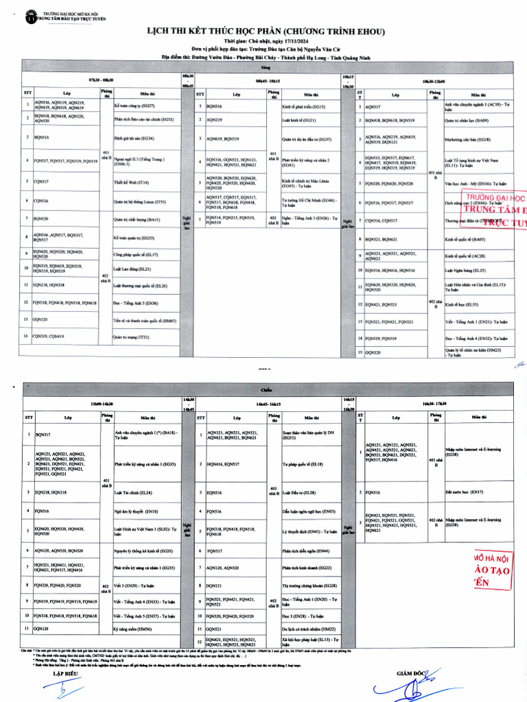 Lich Thi 17.11.2024 Quang Ninh | PDF