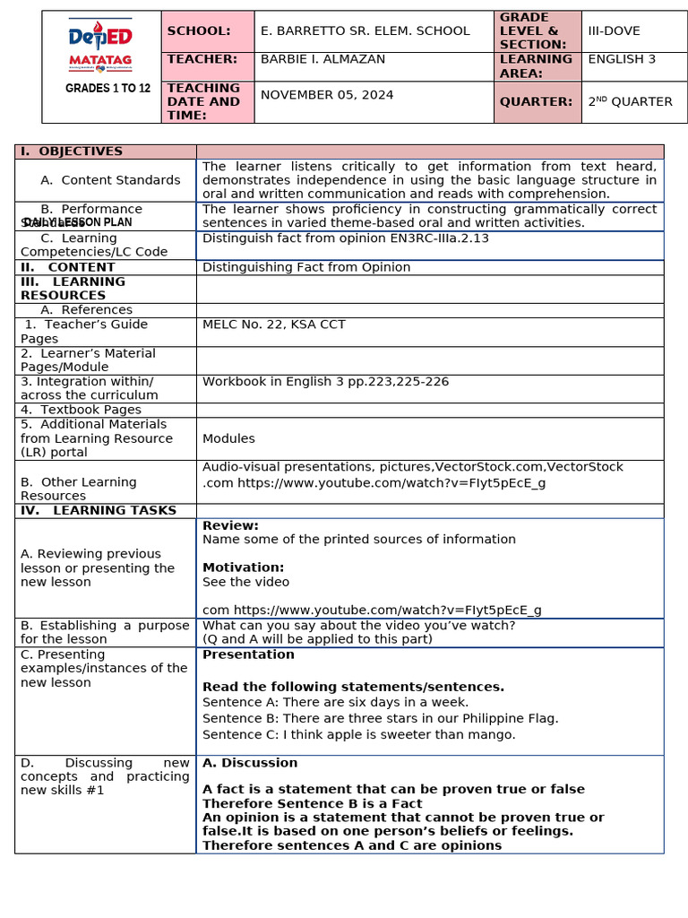 Q2-DLP-ENGLISH-W5 D1 OCT. 29 | PDF | Learning | Teachers