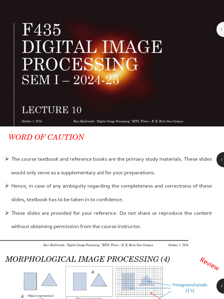 SEM I 2024-25 F435 DIP - Lecture 10 | PDF | Multidimensional Signal Processing | Computer Vision