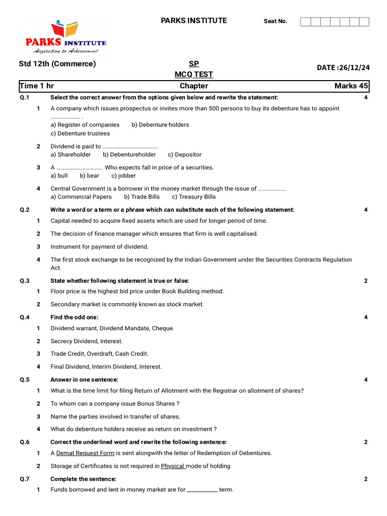Class 12 Commerce MCQ Test Paper | PDF | Dividend | Stocks