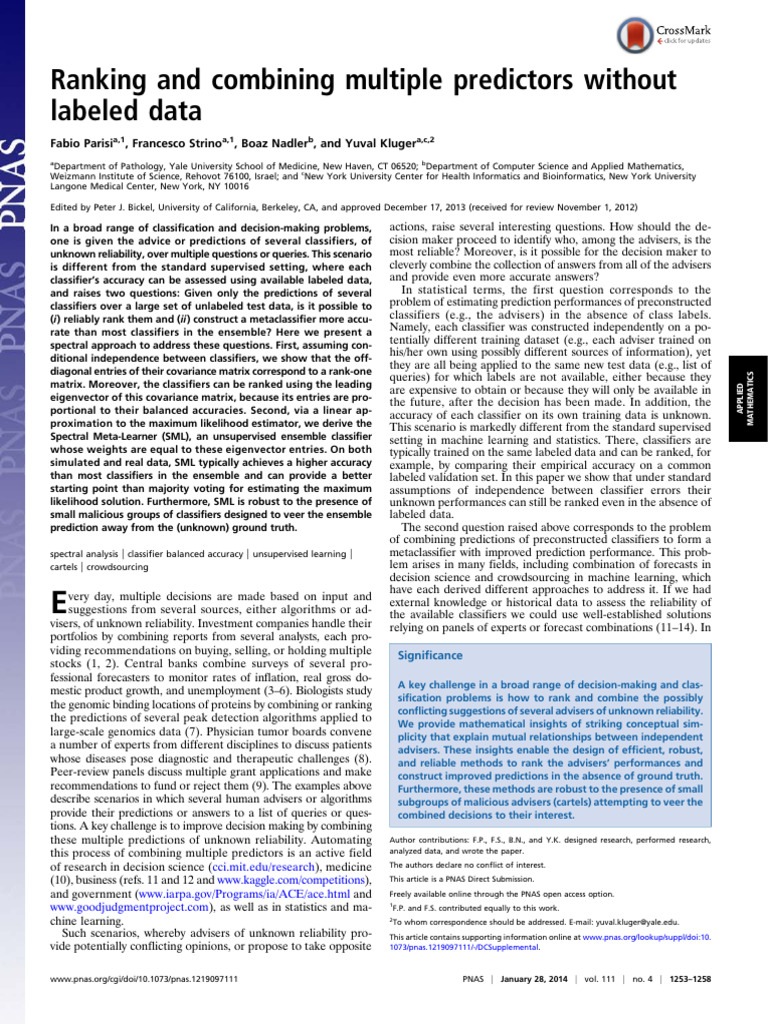Parisi Et Al 2014 Ranking and Combining Multiple Predictors Without Labeled Data | PDF ...
