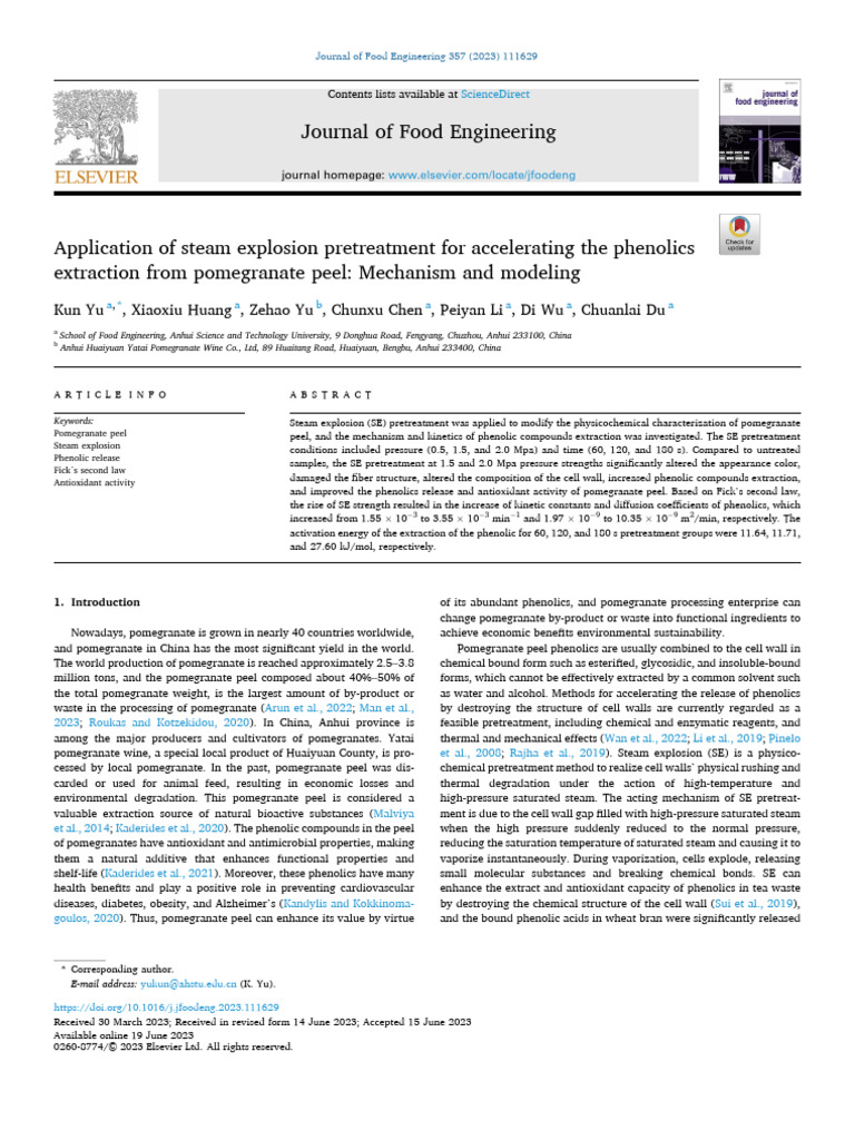 Application of steam explosion pretreatment for accelerating the phenolics extraction from ...