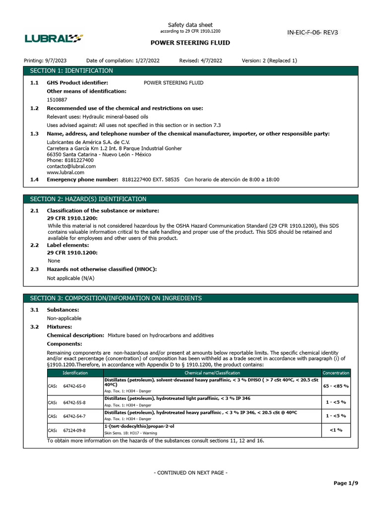 Power Steering Fluid SDS Guide | PDF | Toxicity | Materials