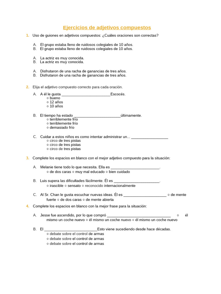 Ejercicios De Adjetivos Compuestos Pdf