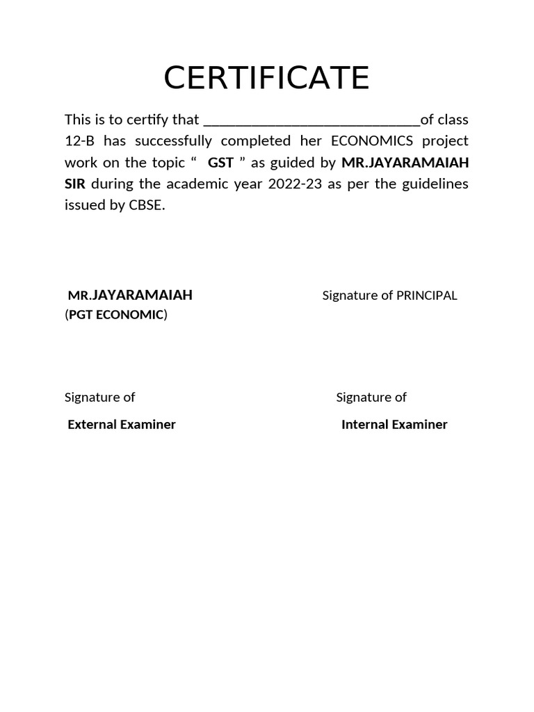 Class 12 Economics Project Certificate | PDF