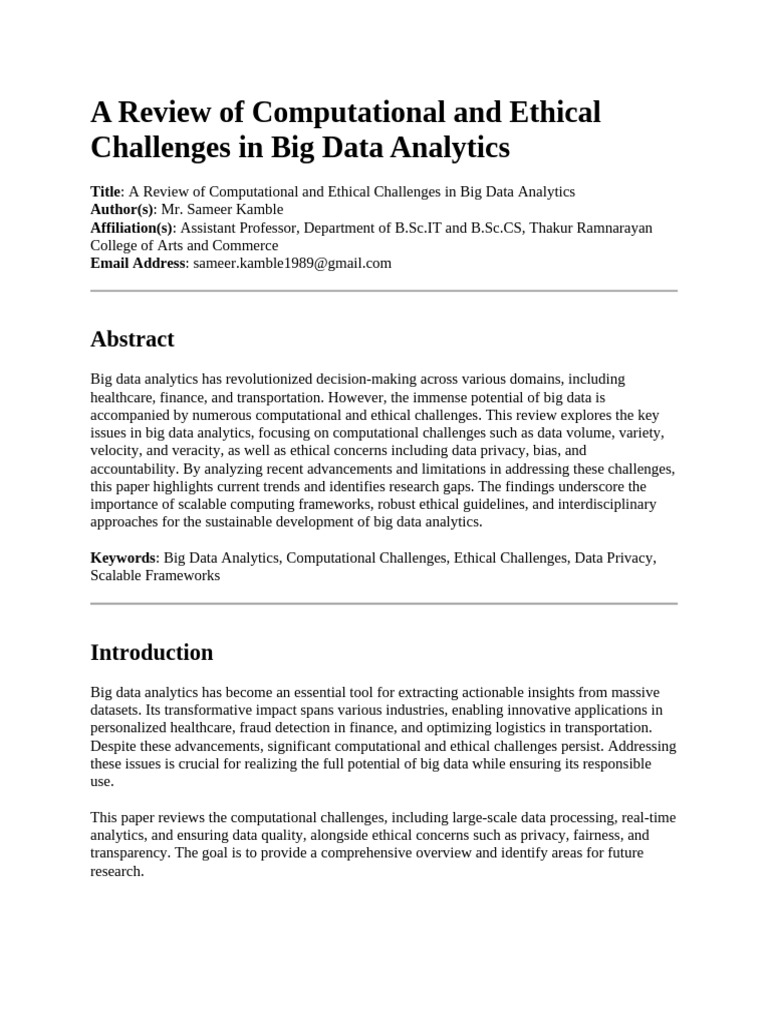 A Review of Computational and Ethical Challenges in Big Data Analytics | PDF | Big Data | Data