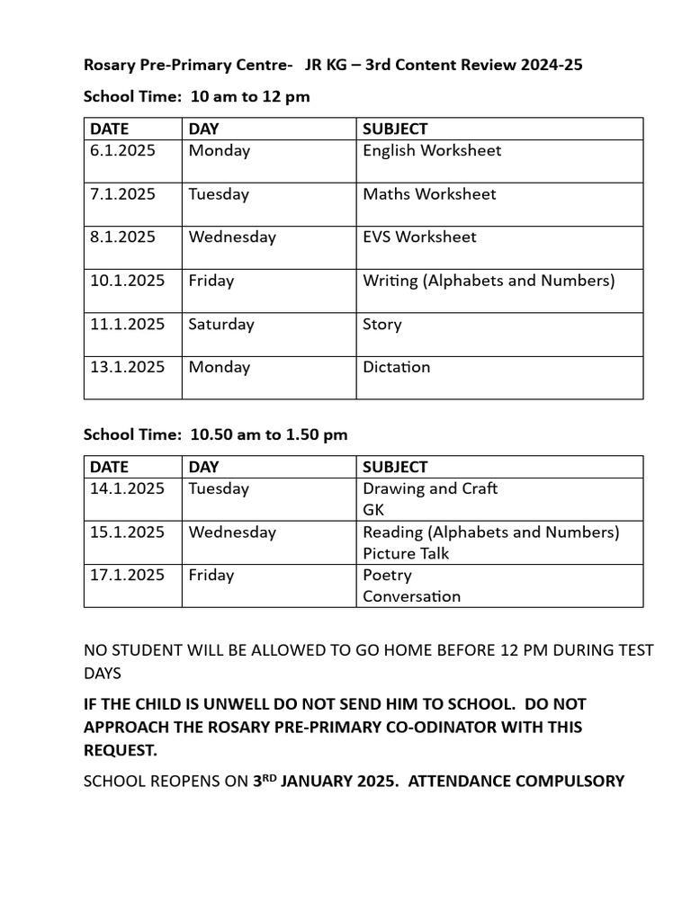 JR KG 3rd CONTENT REVIEW TIMETABLE 2024-25-2 | PDF