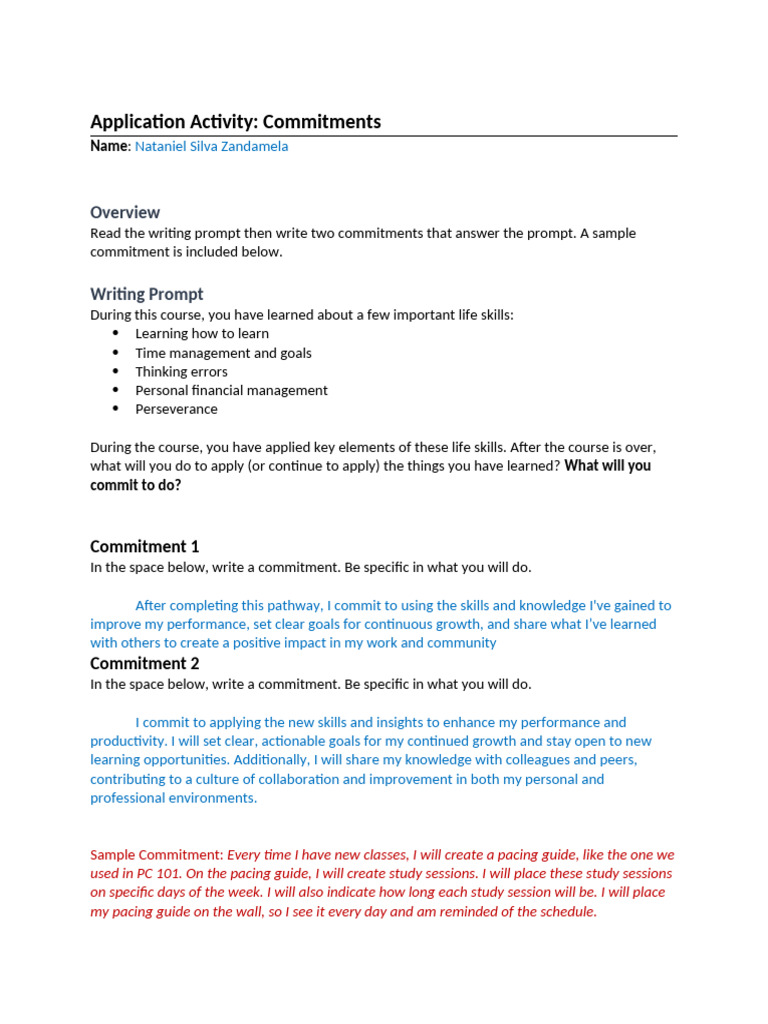 Nataniel pc101 - w07 - Applicationactivity - Commitmentstatements - Template | PDF