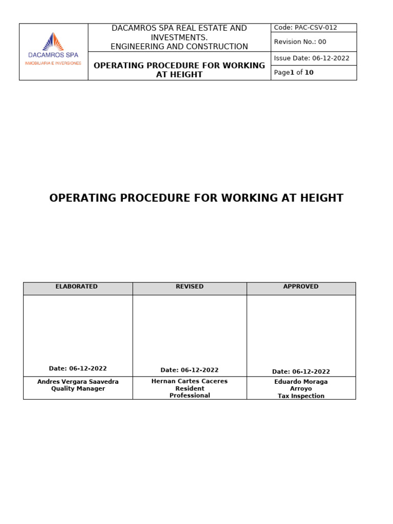 Pac-csv-012 Operating Procedure for Working at Height | PDF | Safety ...