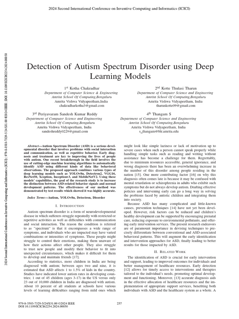 Detection Of Autism Spectrum Disorder Using Deep Learning Models Pdf Autism Machine Learning