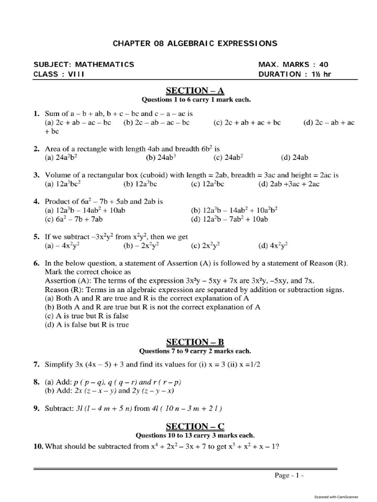 Maths Class VIII Practice Test 10 Chapter 08 Algebraic Expressions | PDF