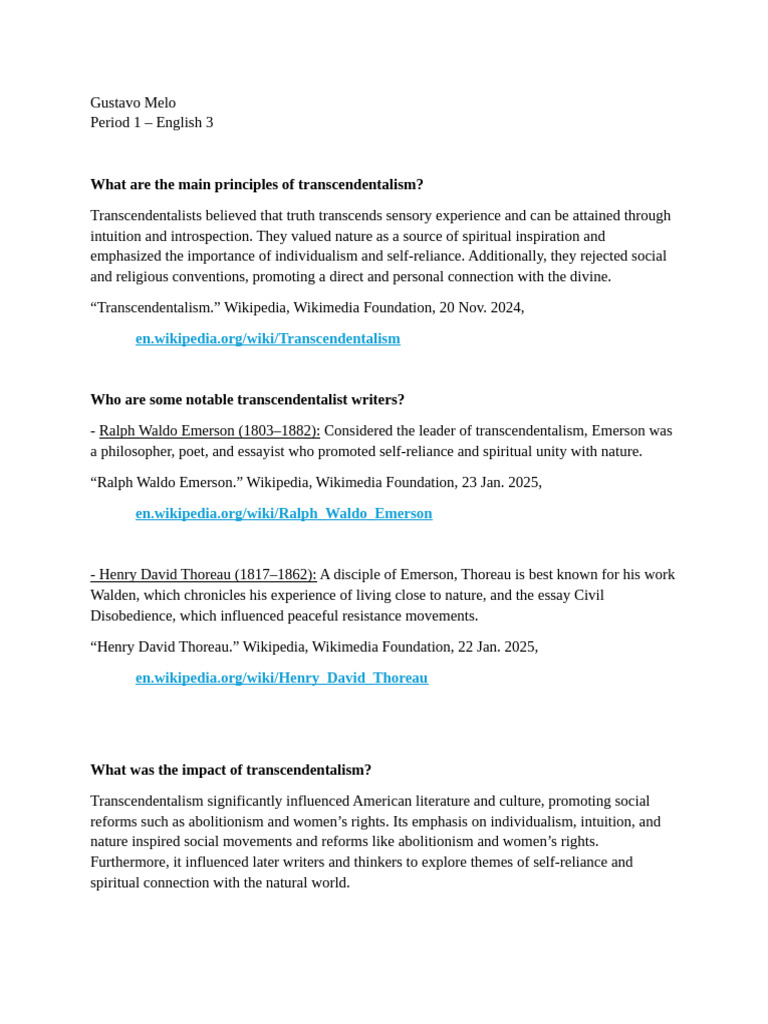 Principles of Transcendentalism | PDF