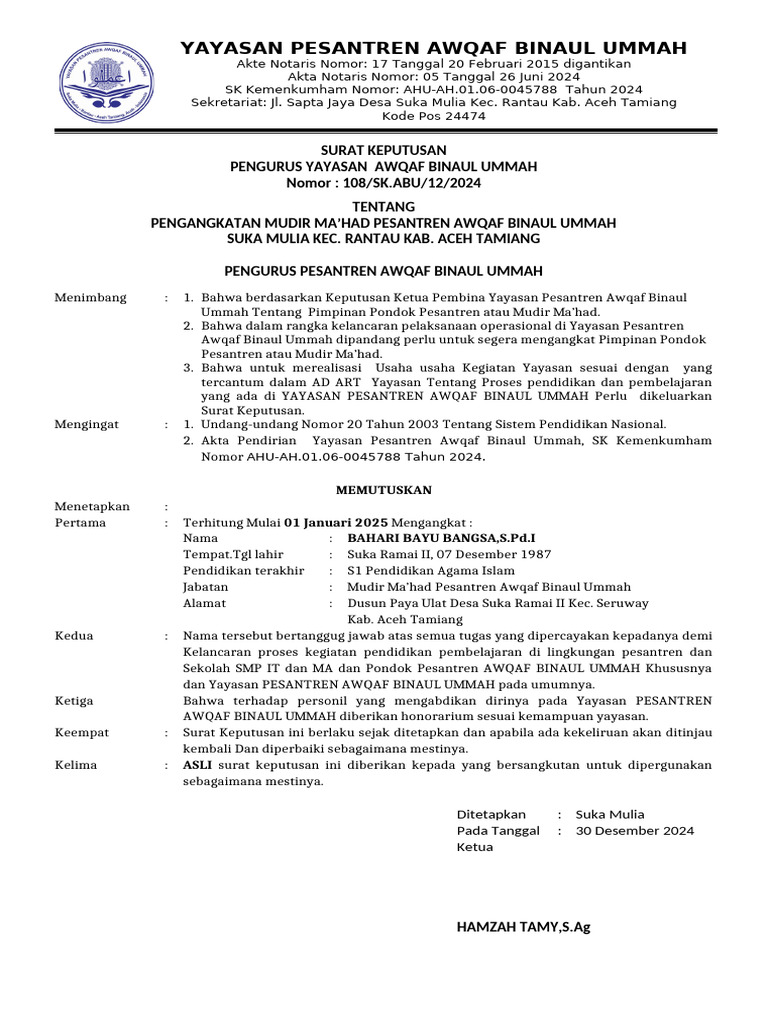 Pengangkatan Mudir Pesantren Binaul Ummah | PDF