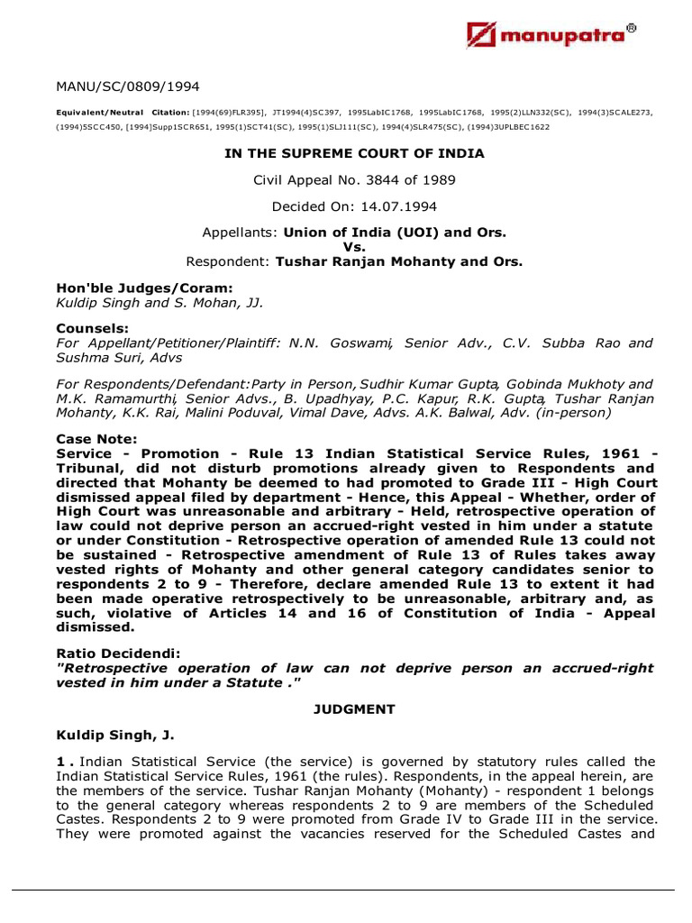 Union of India UOI and Ors Vs Tushar Ranjan Mohants940808COM292978 ...
