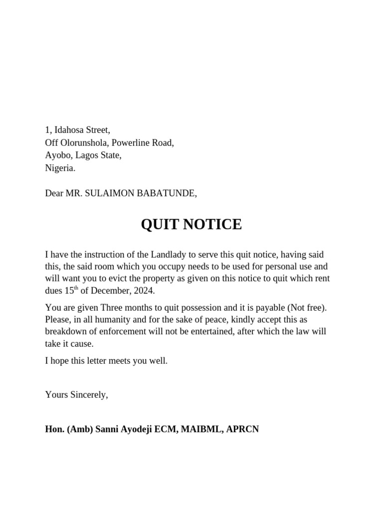 Quit Notice for Tenant Eviction | PDF
