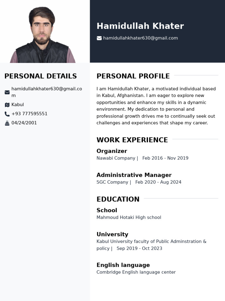 Hamidullah Khater: Kabul-Based Professional Profile | PDF