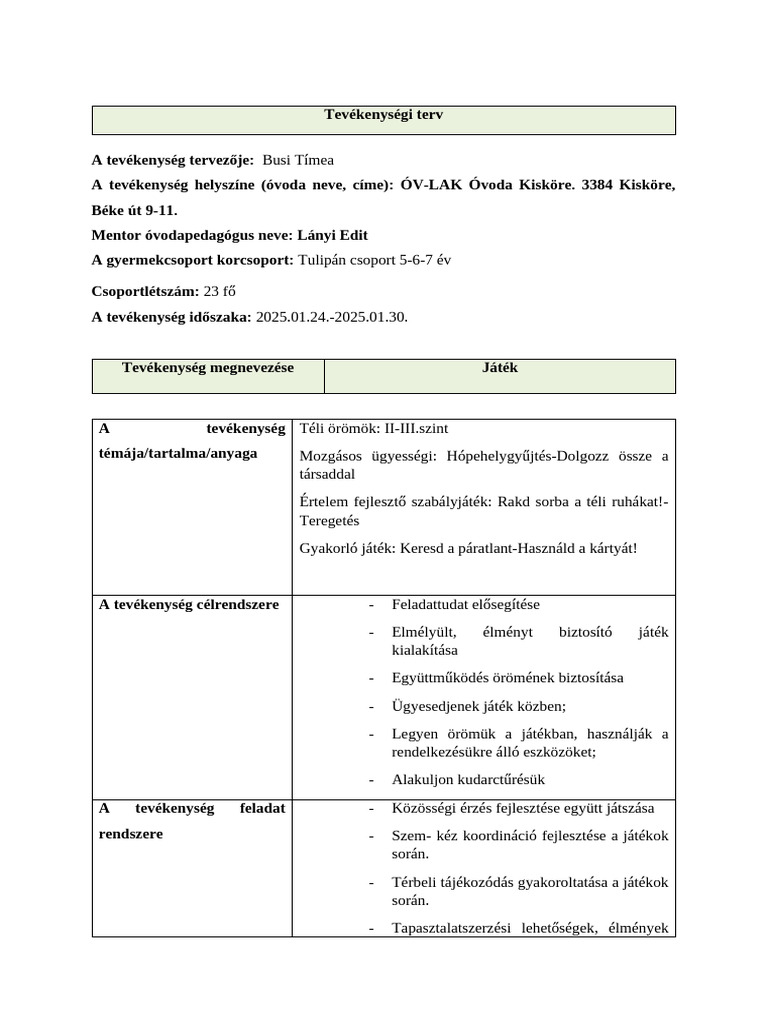 Heti Játéktevékenység Terv | PDF