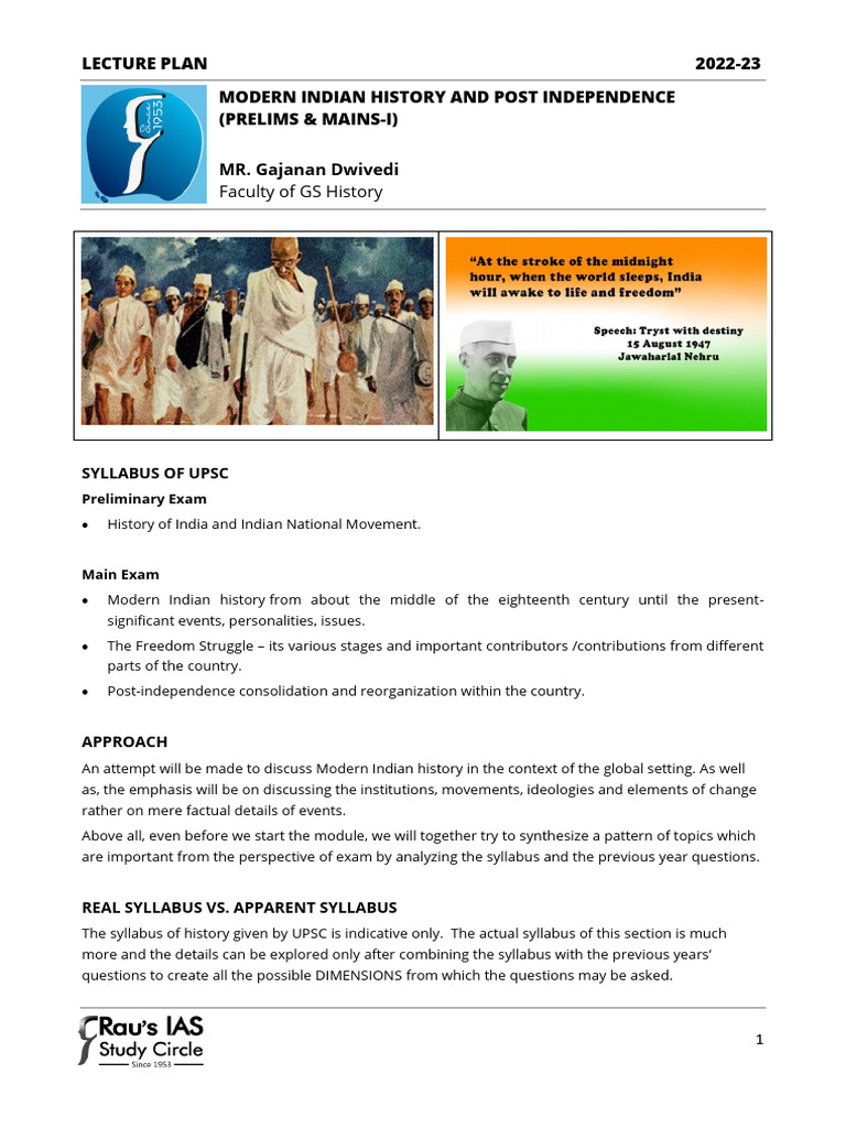 Modern Indian History UPSC Lecture Plan | PDF | Indian National Congress | Jawaharlal Nehru