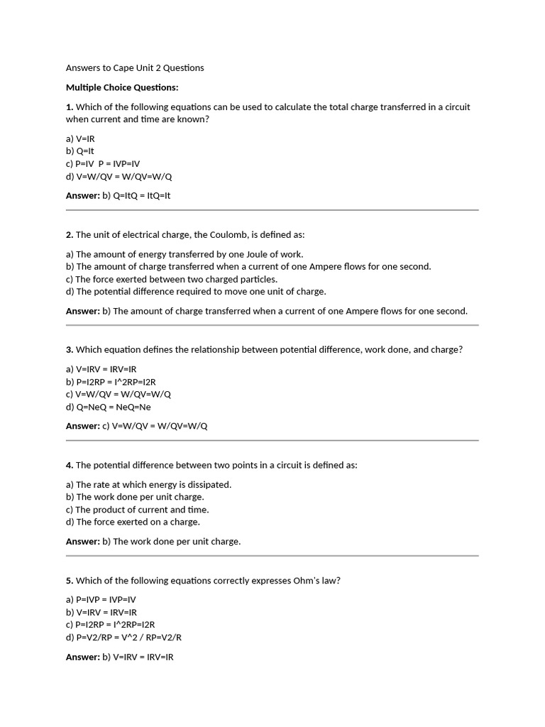 Answers To Cape Unit 2 Exam Questions | PDF | Electric Current | Electrical Resistivity And ...