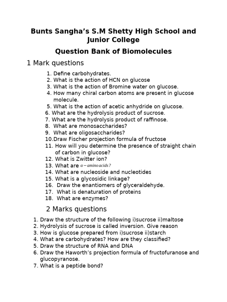 Question Bank Biomolecules | PDF
