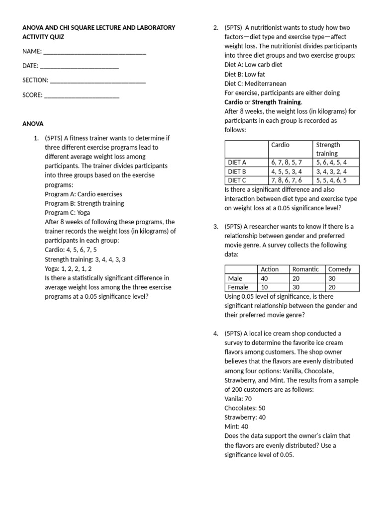 Bioe211 - Anova and Chi Square Laboratory Activity | PDF | Analysis Of Variance | Aerobic Exercise