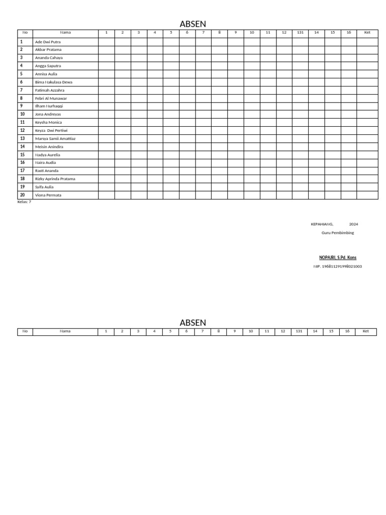 Daftar Absen Siswa Kelas 7-9 Kepahiang | PDF