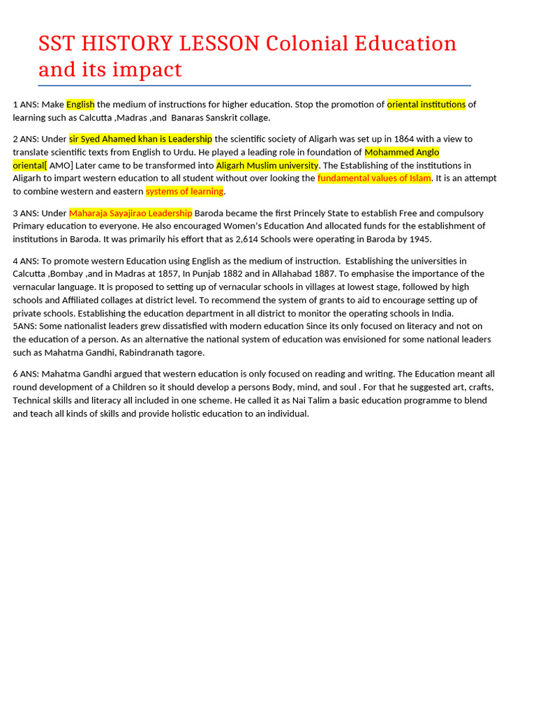 Sst Colonial Education and Its Impact | PDF