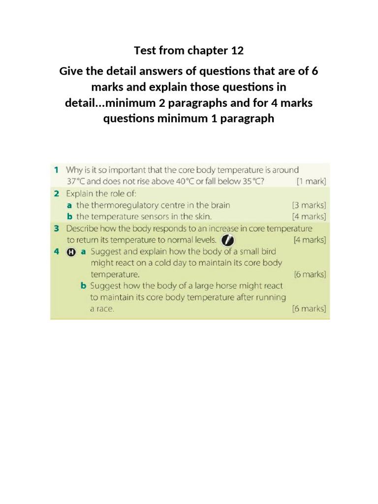 Test From Chapter 12 Homeostasis | PDF