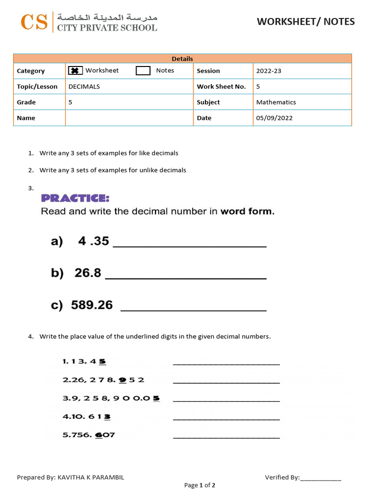 Grade 5 Decimals Worksheet | PDF