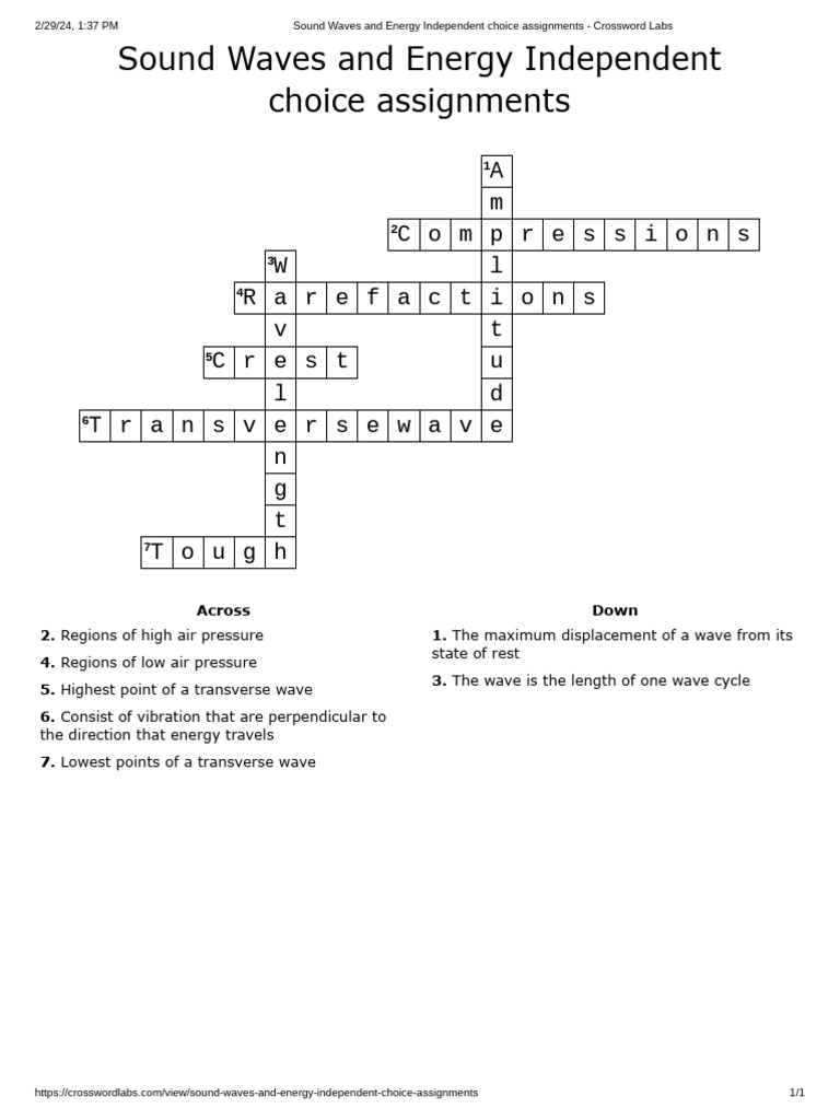 Sound Waves and Energy Independent Choice Assignments - Crossword Labs ...