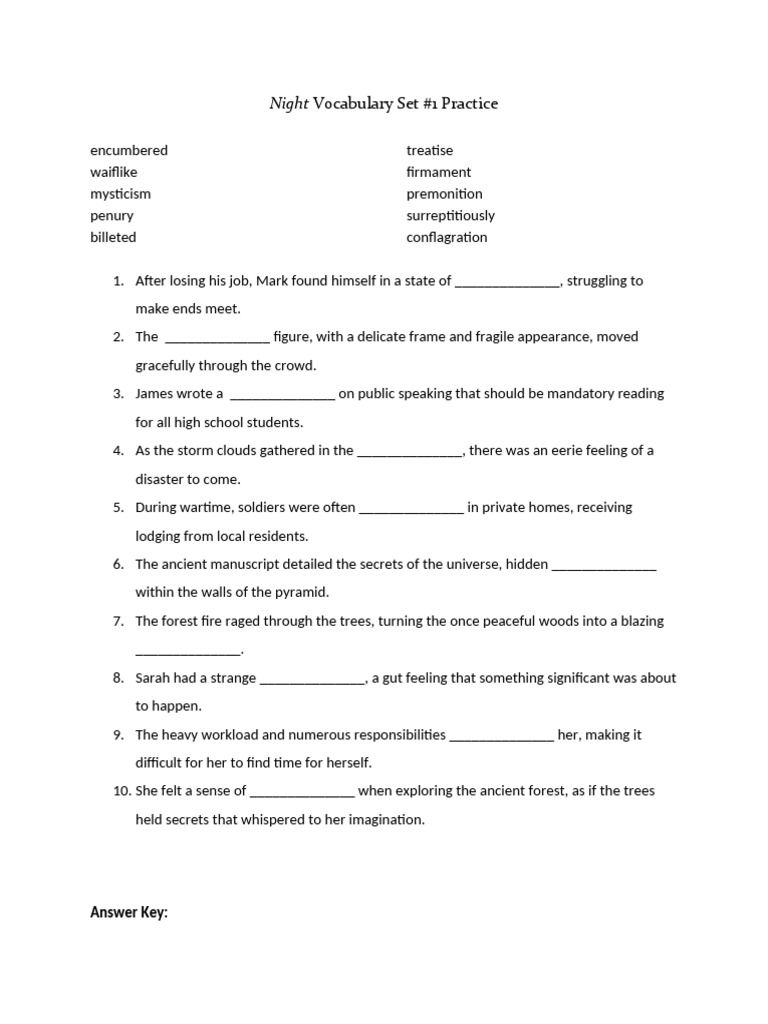 Night Vocabulary Set #1 Practice | PDF