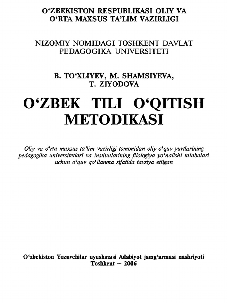 b.to'Xliyev, m.shamsiyeva, t.ziyodova . o'Zbek Tili o'Qitish Metodikasi | PDF