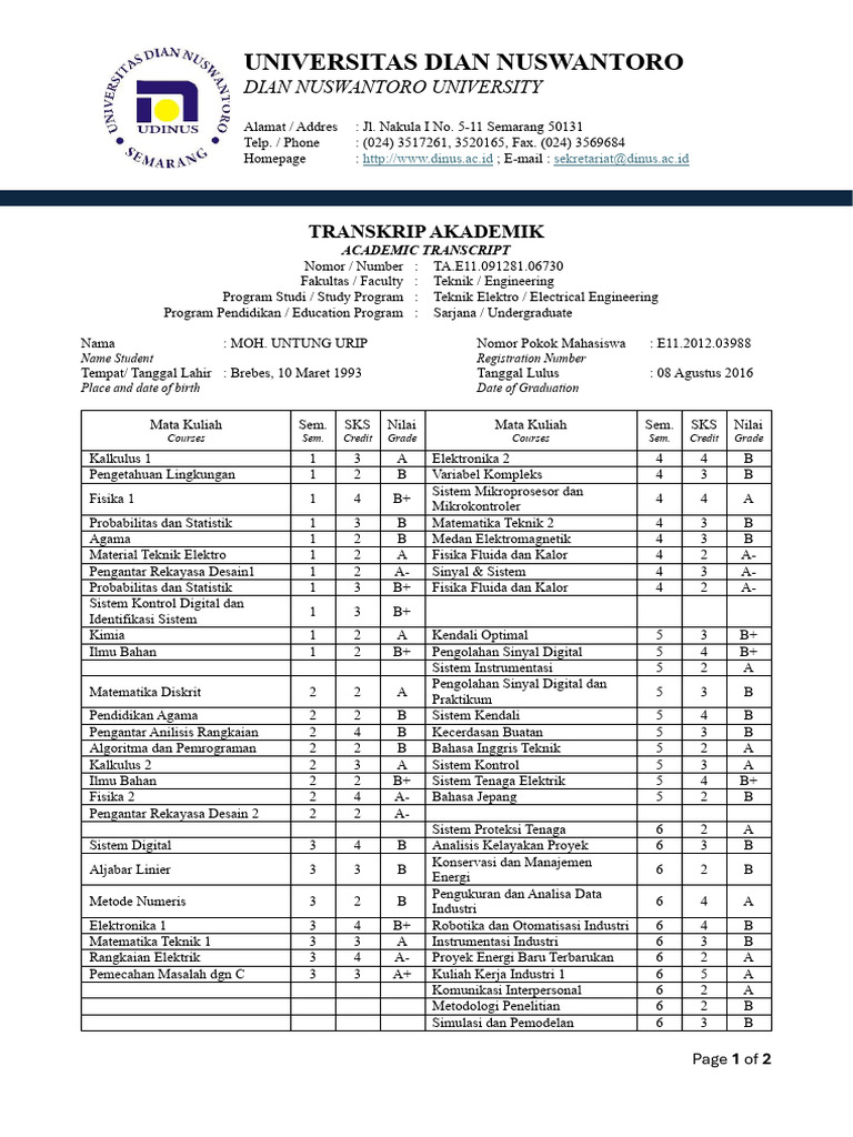 Transkrip Akademik Te Udinus | PDF