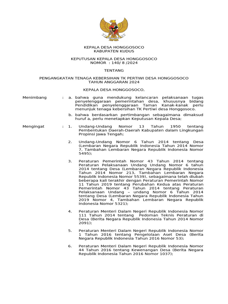 8 - SK TTG Tenaga Kebersihan TK Pertiwi 2024 | PDF