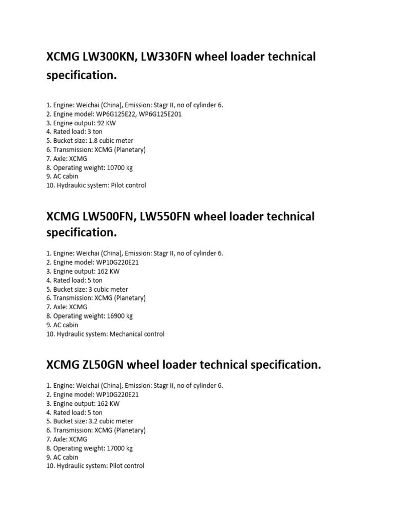 XCMG LW300KN Wheel Loader Specs | PDF