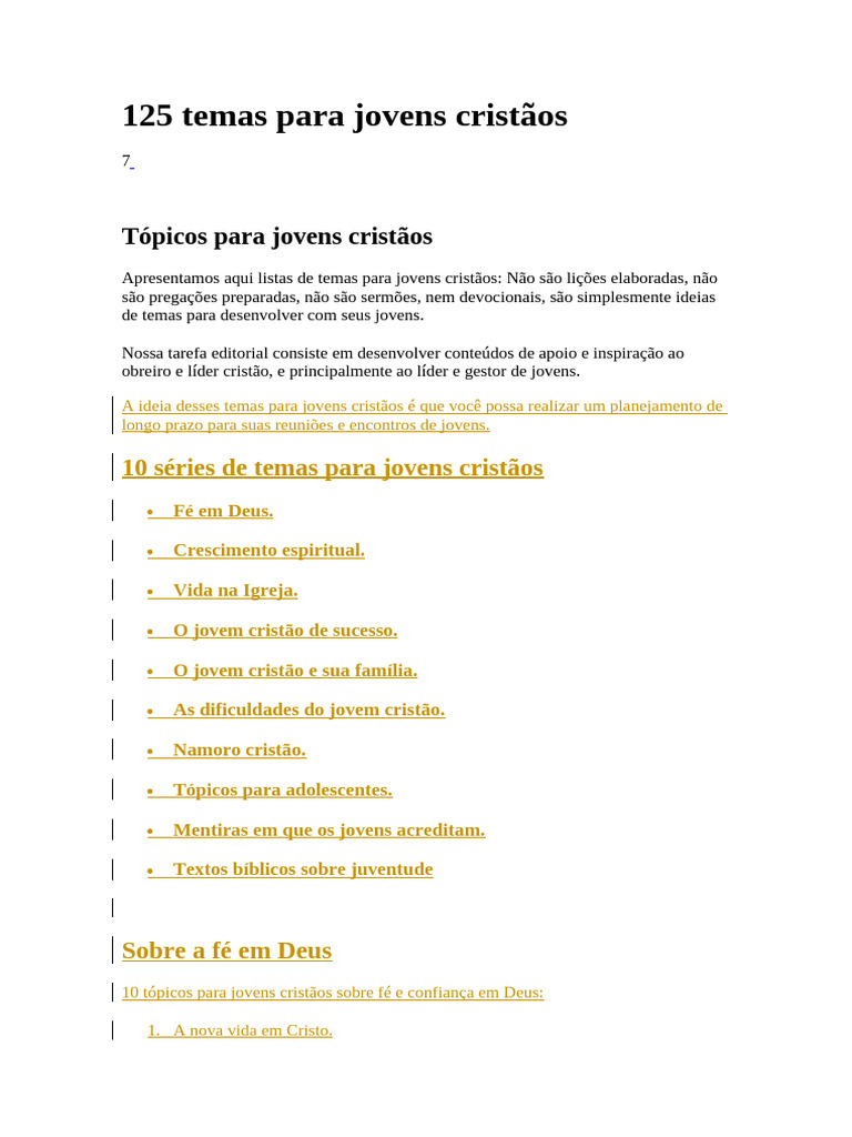 125 Temas para Jovens Cristãos | PDF | Fé | Família