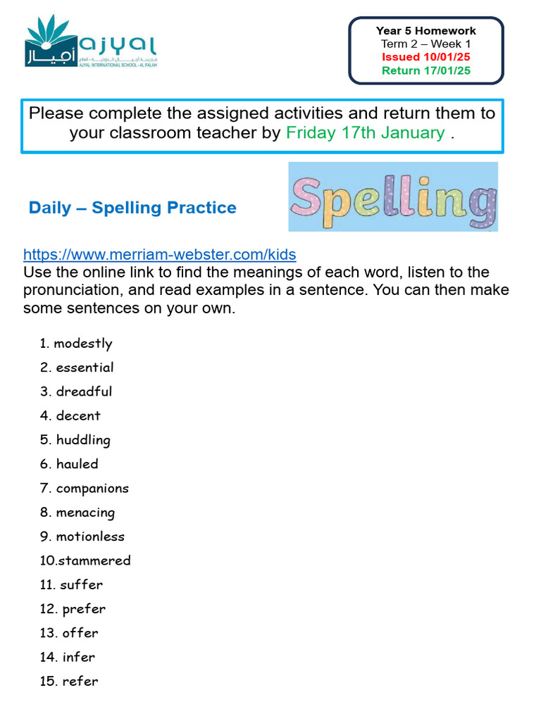 Year 5 Term 2 Week 1 Homework Guide | PDF