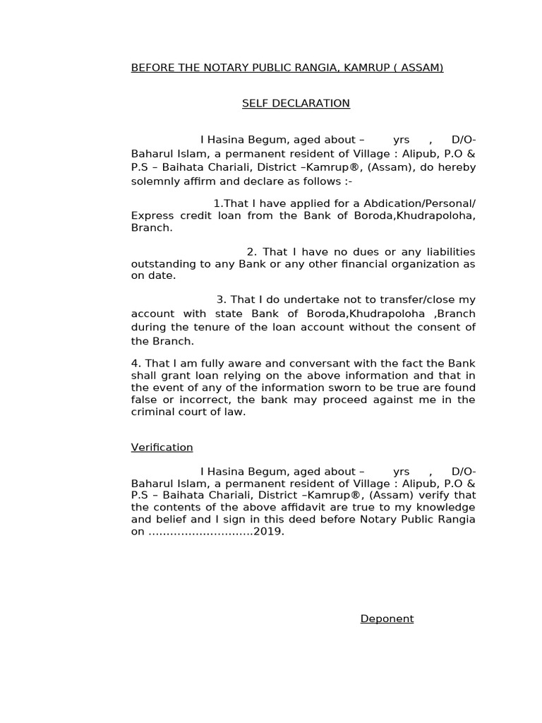 Loan Self-Declaration Affidavit Assam | PDF