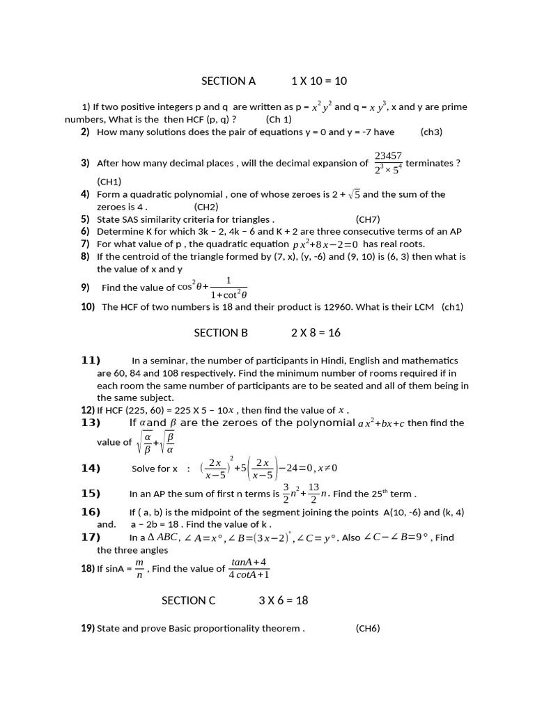 Class10 Sample Paper2025 | PDF | Numbers | Zero Of A Function
