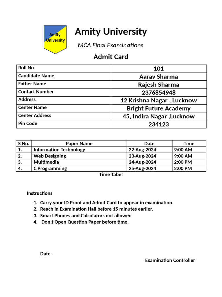 Amity University Final Admit Card 2024 by Prabhat | PDF | Access Control | Authentication