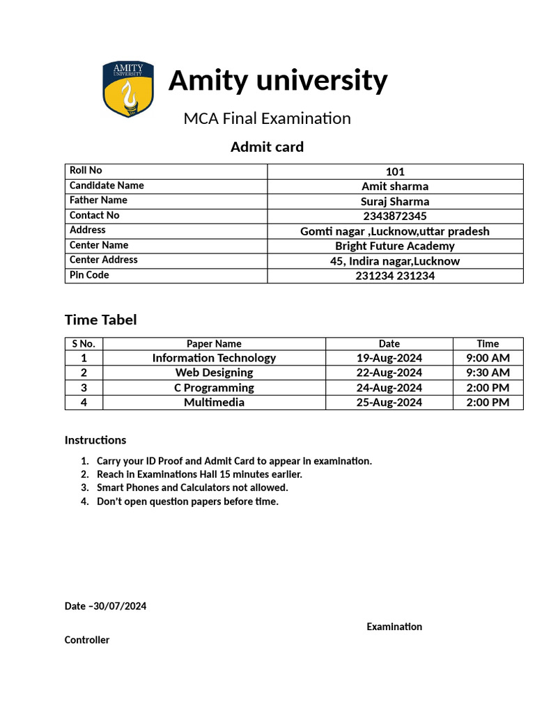 MCA Exam Admit Card - Amit Sharma | PDF