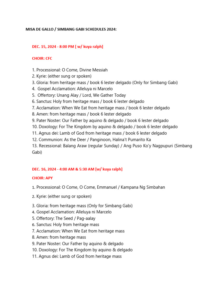 Simbang Gabi 2024 Mass Schedule | PDF | Mass (Liturgy) | Lord's Prayer