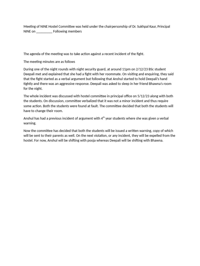 Meeting of NINE Hostel Committee | PDF