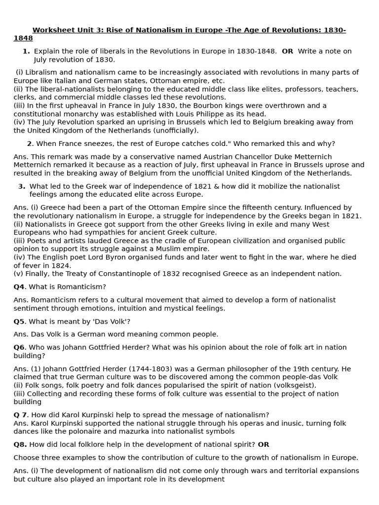 nationalism in Europe Worksheet Unit 3 | PDF | Nationalism