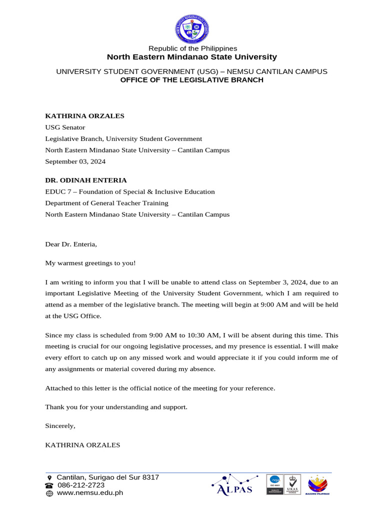 Excuse Letter For Legislative Meeting Format Legal Portriat | PDF