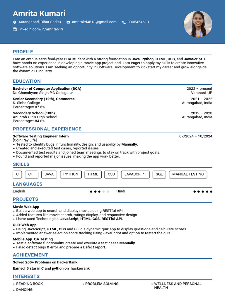 AmritaKumari Resume | PDF | Java Script | Html