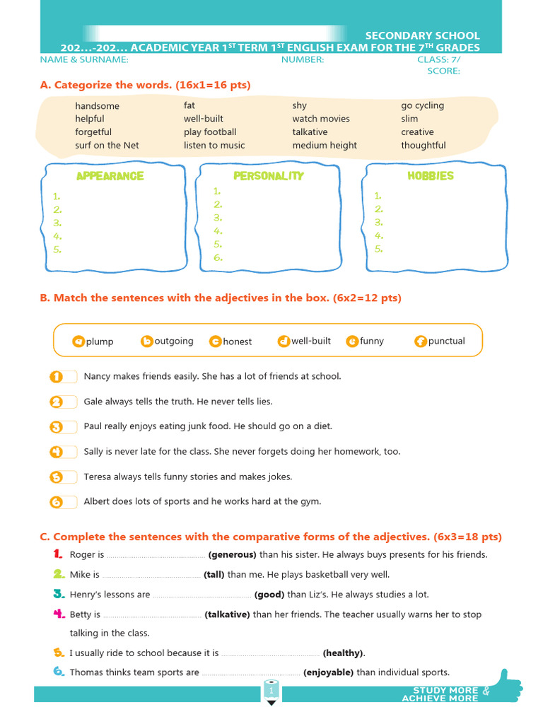 More & More 7th Grade - 1st Term - 1st Exam | PDF